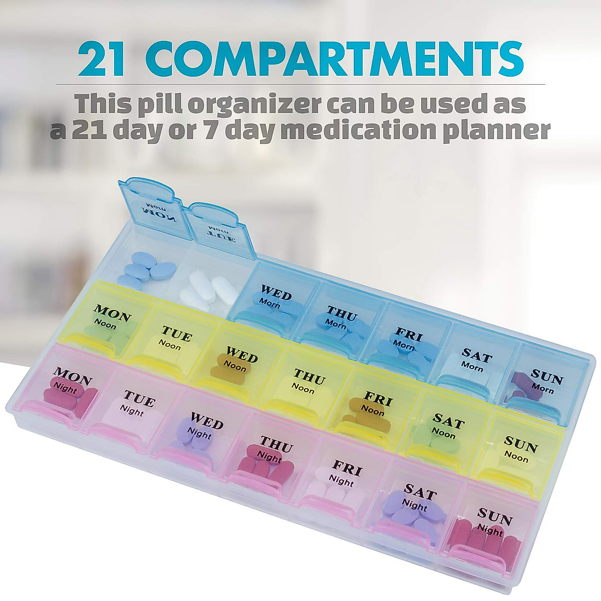 Weekly Pill Organizer - (Pack of 2) 21 Day Pill Planners for Pills Vitamins & Medication, Pill Box 3 Times-a-Day Medication Reminder Boxes, Easy to Read & Travel Friendly