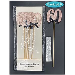 Siipoo Rose Gold Glitter 60th Birthday Centerpiece Sticks with Bow 60th Table Toppers Flower Toppers for Birthday Anniversary Table Party Decorations - 6 Pack, Medium