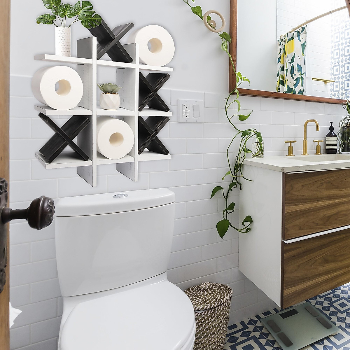 GENMOUS Handmade Tic Tac Toe Toilet Paper Holder For Black and White Bathroom Decor, Funny Wall Mounted Free Standing Toilet Tissue Paper Storage For Kids Guest Restroom Farmhouse Bathroom Decor White