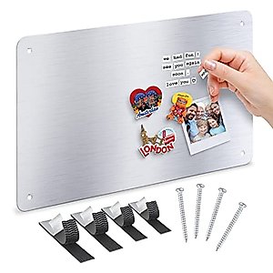Stainless Steel Metal Magnet Board - 17.5 x 11.5 Flat Silver Magnetic Board for Magnets and Bulletin Board - Includes Dual Lock Tape