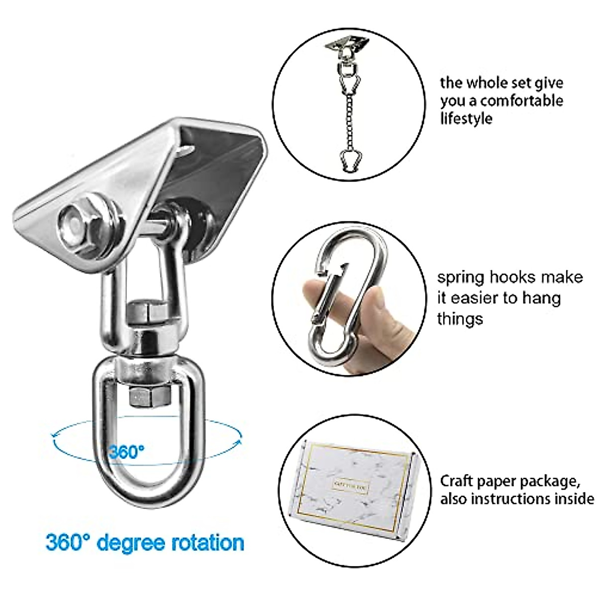 Hammock Hanging Kit with Swing Chain, 1000lbs Capacity Hanging Hooks Heavy Duty 360° Swivel for Yoga, Chair, Tree, Indoor & Outdoor Gym