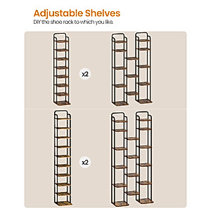 Hzuaneri Vertical Shoe Rack, Shoe Shelves, Wood Shoe Organizer for Closet, Entryway, Shoe Tower for Small Spaces, Free Standing, Adjustable, with 2 Hooks, 10 Tier Rustic Brown SR11201B