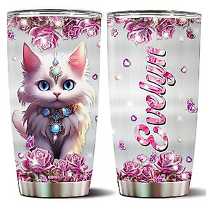 WONWIX Personalized Cat Coffee Mug Cups Gifts For Women Mom Daughter Cats Water Bottle Mothers Day Birthday Christmas Valentine Jewelry Style 20oz Stainless Steel Thermos Tumbler Cup With Lid
