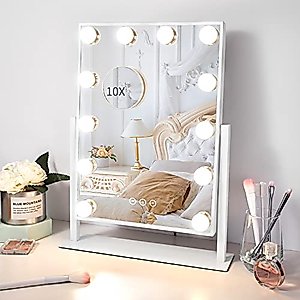Kotdning Large Vanity Mirror with Lights, Hollywood Lighted Makeup Mirror with 12 Dimmable LED Bulbs for Dressing Room & Bedroom, Detachable 10x Magnification 360°Ratation