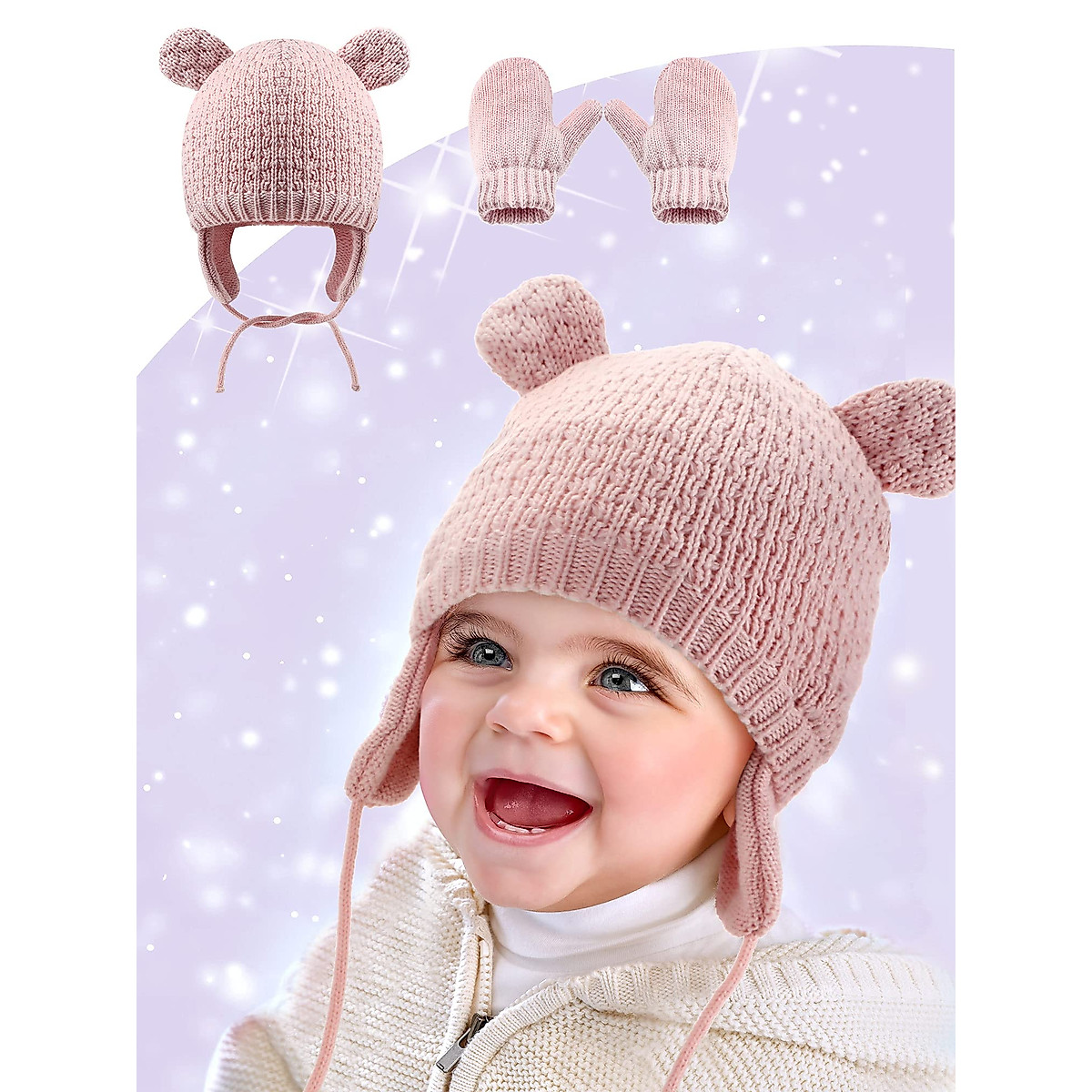 SATINIOR 2 Sets Baby Winter Beanie Hat Gloves Cute Bear Earflap Caps (White, Pink)