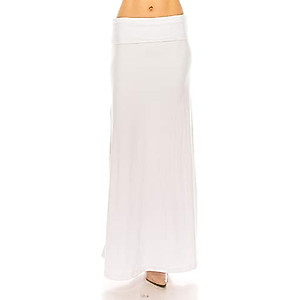 RENESEILLE Women's Long Maxi Skirt – Casual High Waist Fold Over Elastic Waistband Soft Flare Foldable Stretch Lounge Boho SKT810 White OS