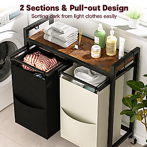 Laundry Hamper with 2 Section, Laundry Basket with Wheels, 2 x 12.3 Gallons Removable Bags, Metal Frame Laundry Baskets, Laundry Sorter for Room, Bathroom, Living Room (Black+Beige)