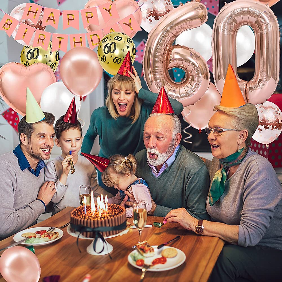 41Pcs 60th Rose Gold Birthday Decoration,Pink Birthday Decor,Rose Gold Balloons,Rose Gold Glittery Happy Birthday Banner for Women Birthday Party Supplies