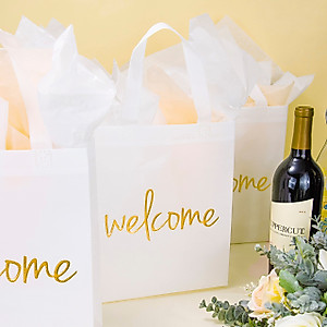 Crisky Reuseable White Gold Welcome Bags for Wedding Birthday Party, 25 Counts Medium Size Eco-Friendly Non-Woven Guest Gift Bags, 11x4x9 Inches
