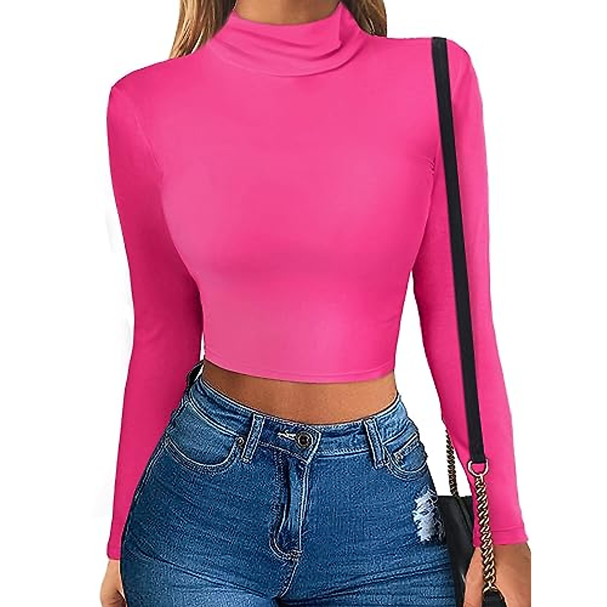 MSBASIC Pink Crop Tops for Women Trendy Underscrub Long Sleeve Turtleneck Basic Slim Fit Tshirts(X-Large,Hot Pink)