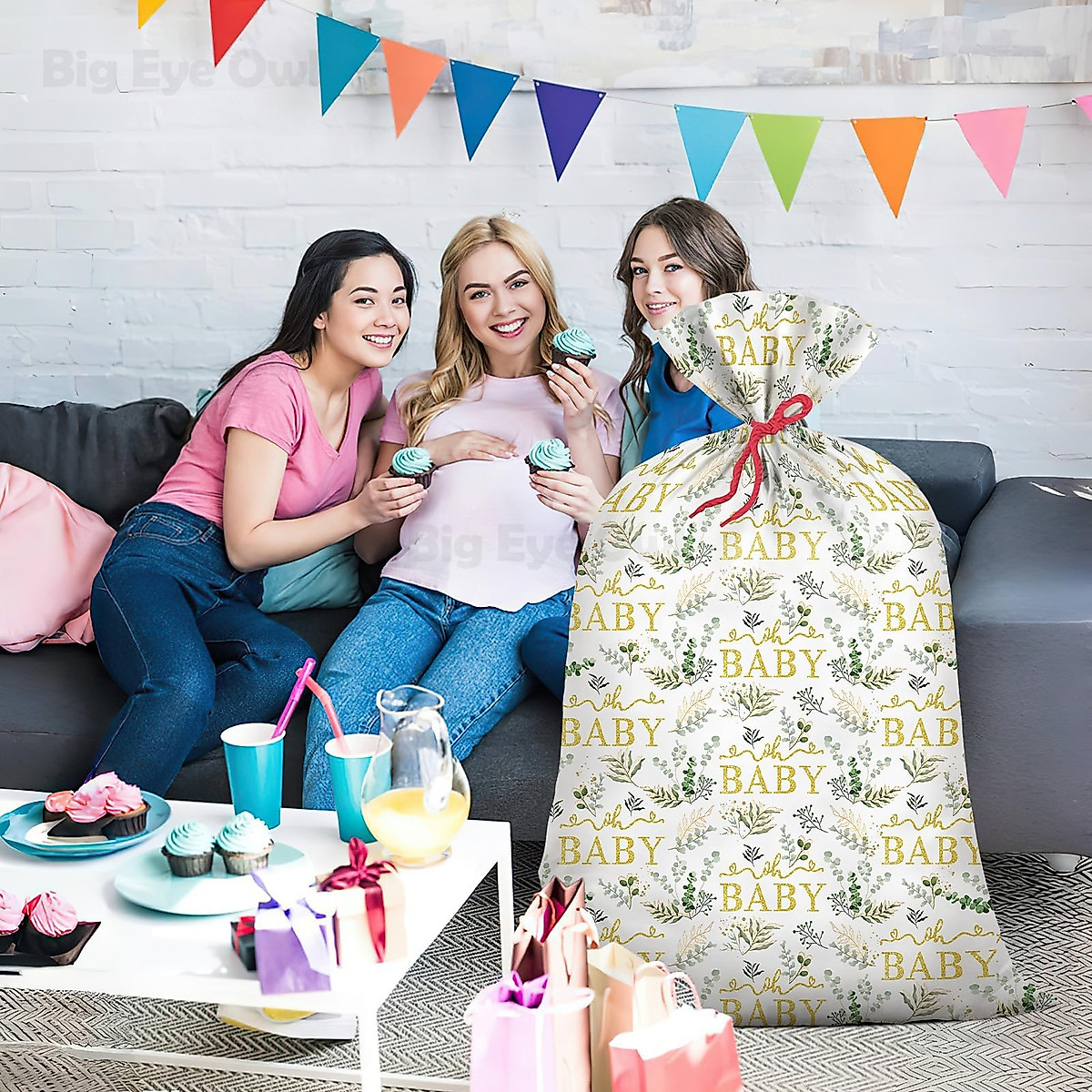 Extra Large Baby Gift Bag Baby Shower 48"x 36" Jumbo Plastic Present Bag Eucalyptus Leaves Birthday Large Gift Wrapping Bags Oversized Oh Baby Sage Green Gender Reveal Birthday Party Favors