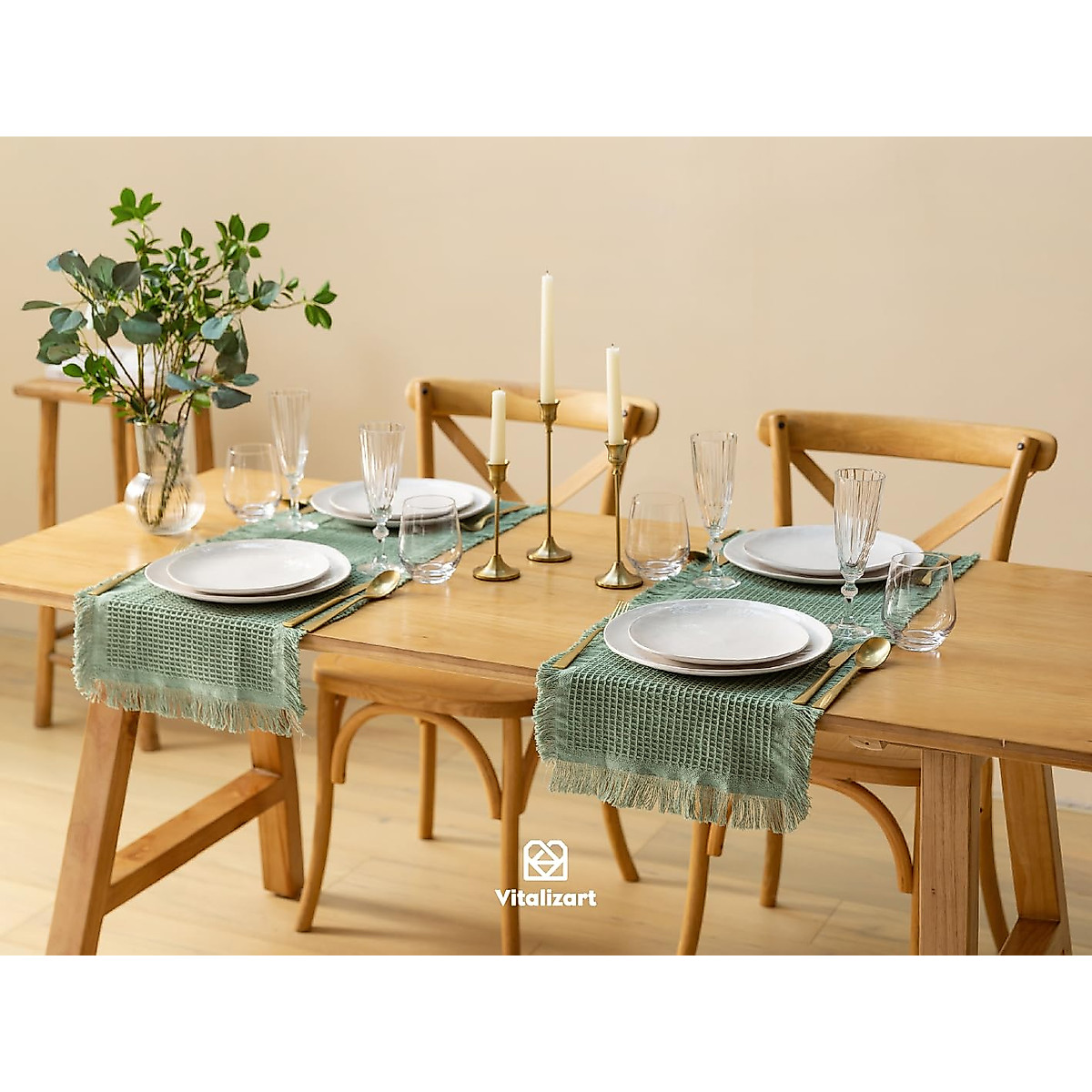 Vitalizart Dusty Green Table Runner 14"x36" Waffle Weave Boho Rustic Fringe Cotton Farmhouse Table Cloth for Home Decor Coffee Table Bedroom Kitchen Dining Bridal Wedding Baby Shower Decoration