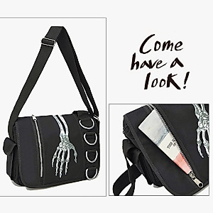 LREUIP Goth Backpack Grunge Backpack Y2k Fashion Skull Backpack Hooded Backpack Gothic Black Shoulder Bag Goth Messenger Bag (Shoulder bag ghost hand)