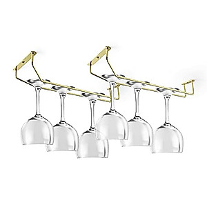 MATILODI 2 Pack 13.8-Inch Long Single Rail Metal Wine Glass Rack - Under Cabinet Gold Stemware Wine Glass Holder with Gold Screw - Metal Wire Wine Glass Hanger for RV Cabinet Kitchen Bar (Gold,2)