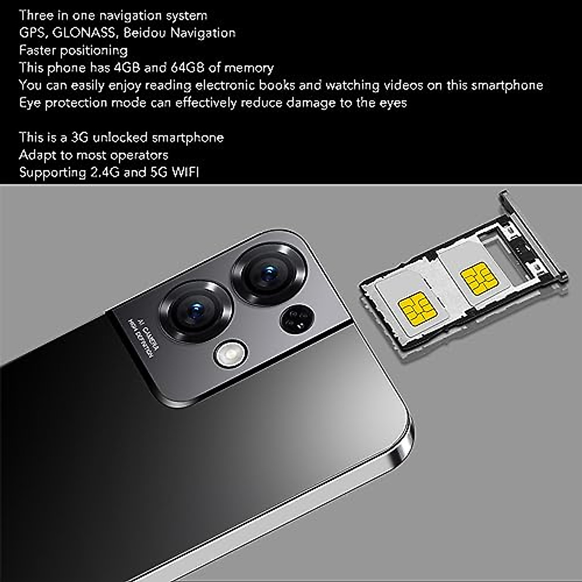 Yunseity Factory Unlocked Smartphone, Reno 9 Pro Ultra Slim Full Screen Smartphone 4GB RAM 64GB ROM, 2.4G and 5G WiFi Cellphone with 48MP+13MP Cameras, 8 Core CPU, for Android 12 (Black)