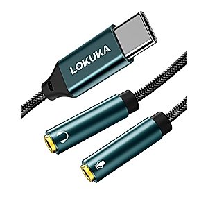 LOKUKA USB C to 2 TRS 3.5mm Headphone Mic Splitter Adapter, Build-in Hi-Res DAC Chip for Dual-Plug PC Gaming Headset to Type-C Laptop, Tablet, Mobile Phone, PS5, and More (12 inch)