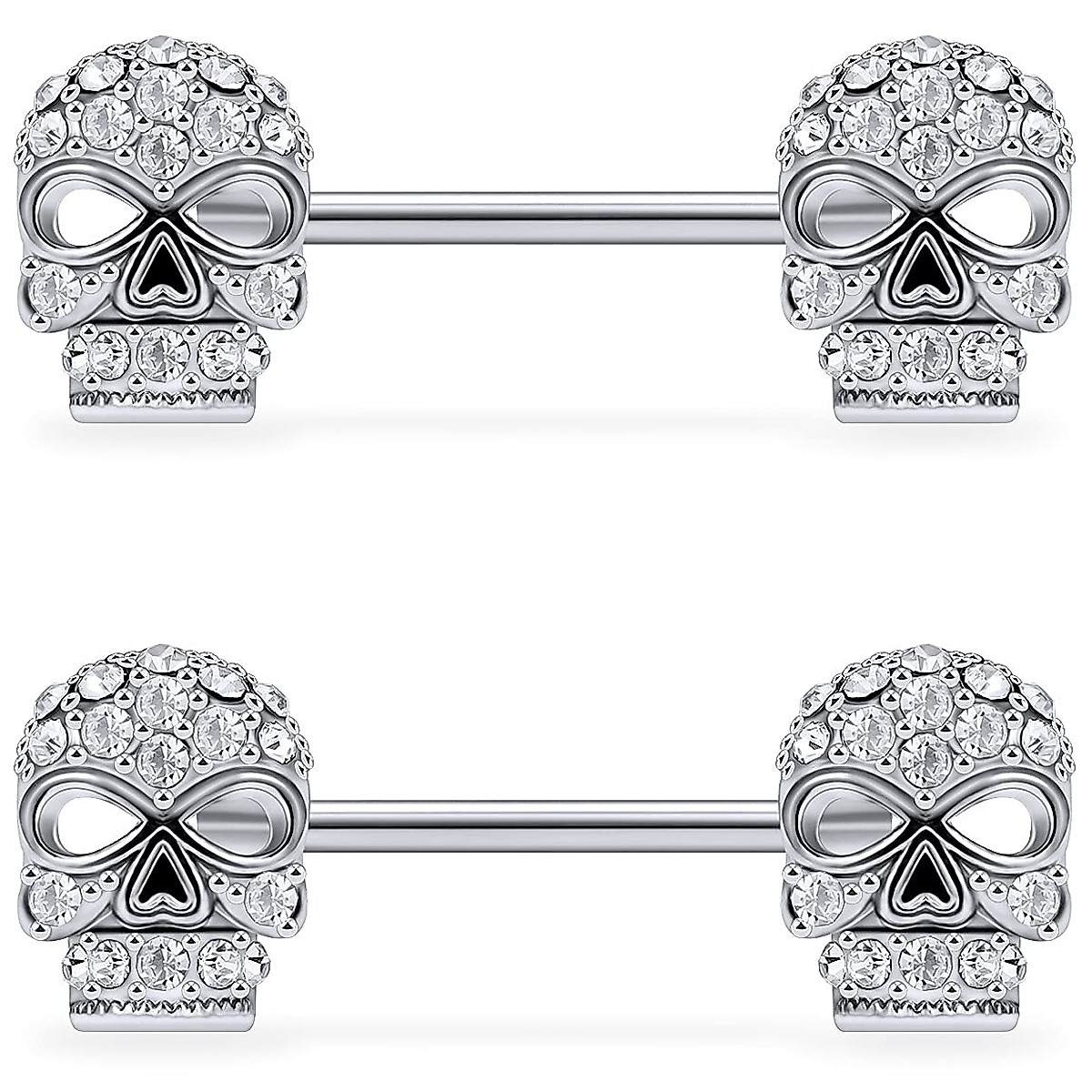 Lcolyoli 316L Stainless Steel Nipple Rings Barbell Crystal Skull Piercing Nipple Piercing Jewelry for Women Men Silver-tone