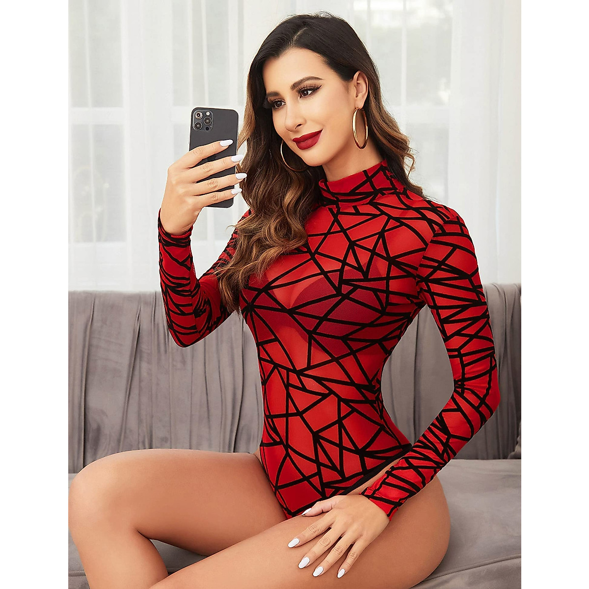 Avidlove Bodysuits for Going Out Women Halloween Tops Lace Mesh Geo Print Shirt Party Night Outfits Red