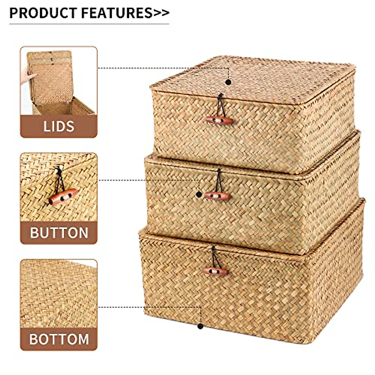 SHEYRAJIIA 3 Pack Cube Seagrass Storage Bins with Lids, Rattan Woven Decorative Storage Boxes, Wicker Storage Baskets for Shelves, Storage Containers for Organizing, Toys, Clothes and Hobby Things