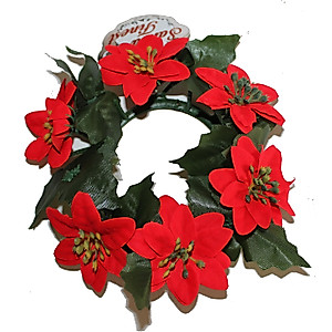 7" Christmas Candle Ring for 3 Inch Pillar Candle with Poinsettia Flowers and Leaves
