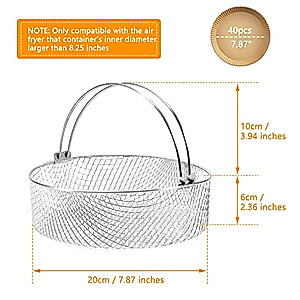 Air Fryer Basket, Oven Steamer Basket with 30pcs Air Fryer Paper Liner, 304 Stainless Steel Mesh Basket for Air Fryer, Air Fryer Accessory 8 inch Basket with Handle