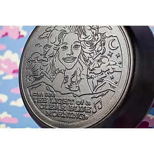 Lodge 13.25 Inch Dolly Parton Pre-Seasoned Cast Iron Stamped Skillet - Signature Teardrop Handle - Use in the Oven, on the Stove, on the Grill, or Over a Campfire - Clear Blue Morning