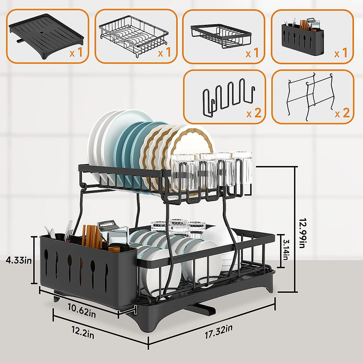 ACALANTHA Dish Drying Rack with Drainboard, Large Dish Racks for Kitchen Counter, 2 Tier Dish Holder with Silverware Drying Rack.(Black)