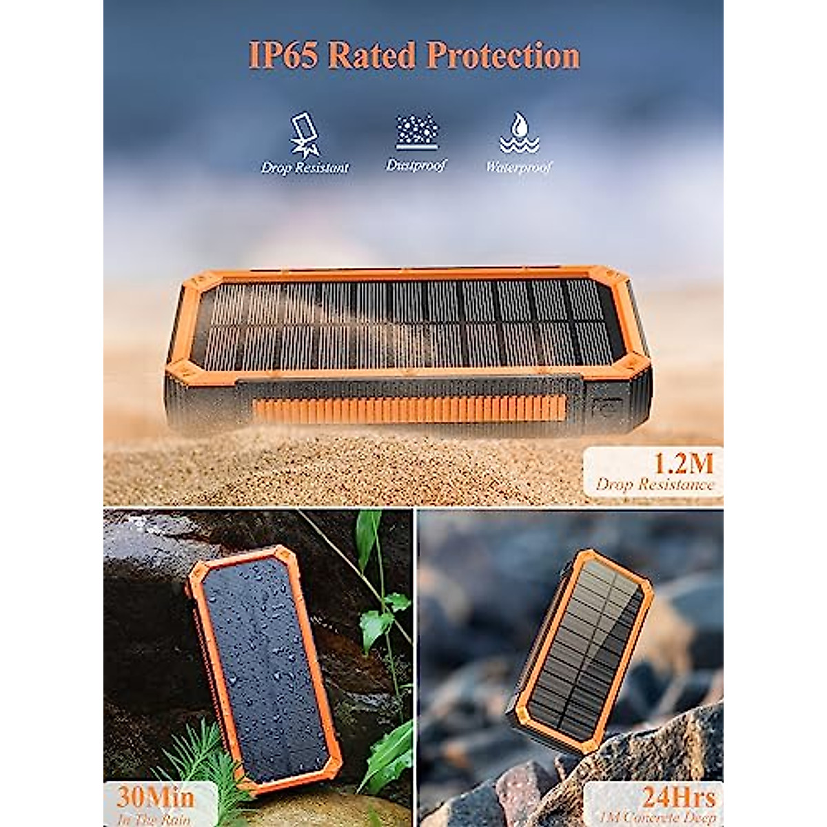 Power-Bank-Solar-Charger - 30000mAh Solar Power Bank, PD 20W Fast Charger,Drop-Proof Waterproof Dustproof Built-in LED Flashlight for iPhone, Tablet, Samsung and More USB Device(Orange)
