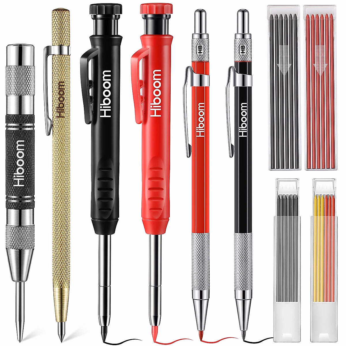 Hiboom 10 Pack Carpenter Pencil Set, 4 Colorful Solid Carpenter Pencils with Sharpener and Refills, Automatic Center Punch, Carbide Scribe Tool Kit for Construction Woodworking