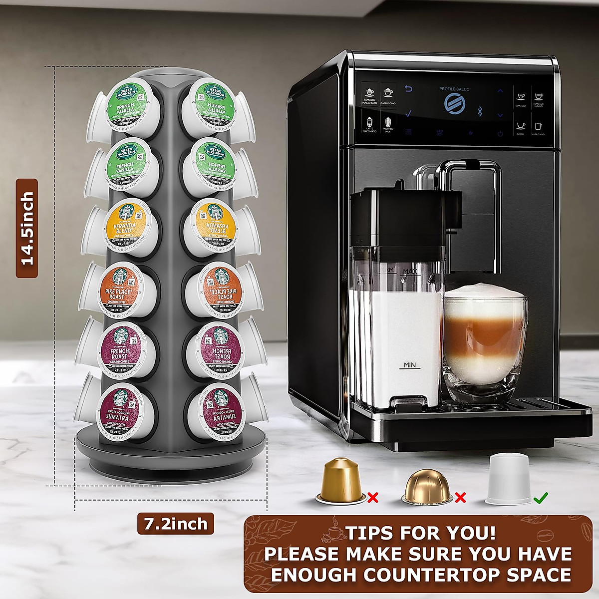 K Cup Holder Carousel-Coffee Pod Holder Organizer Compatible with 36 K-Cups Pods, for Home Kitchen Office Countertop or Coffee Station, Spins 360-Degrees, Detachable, Matte Gray