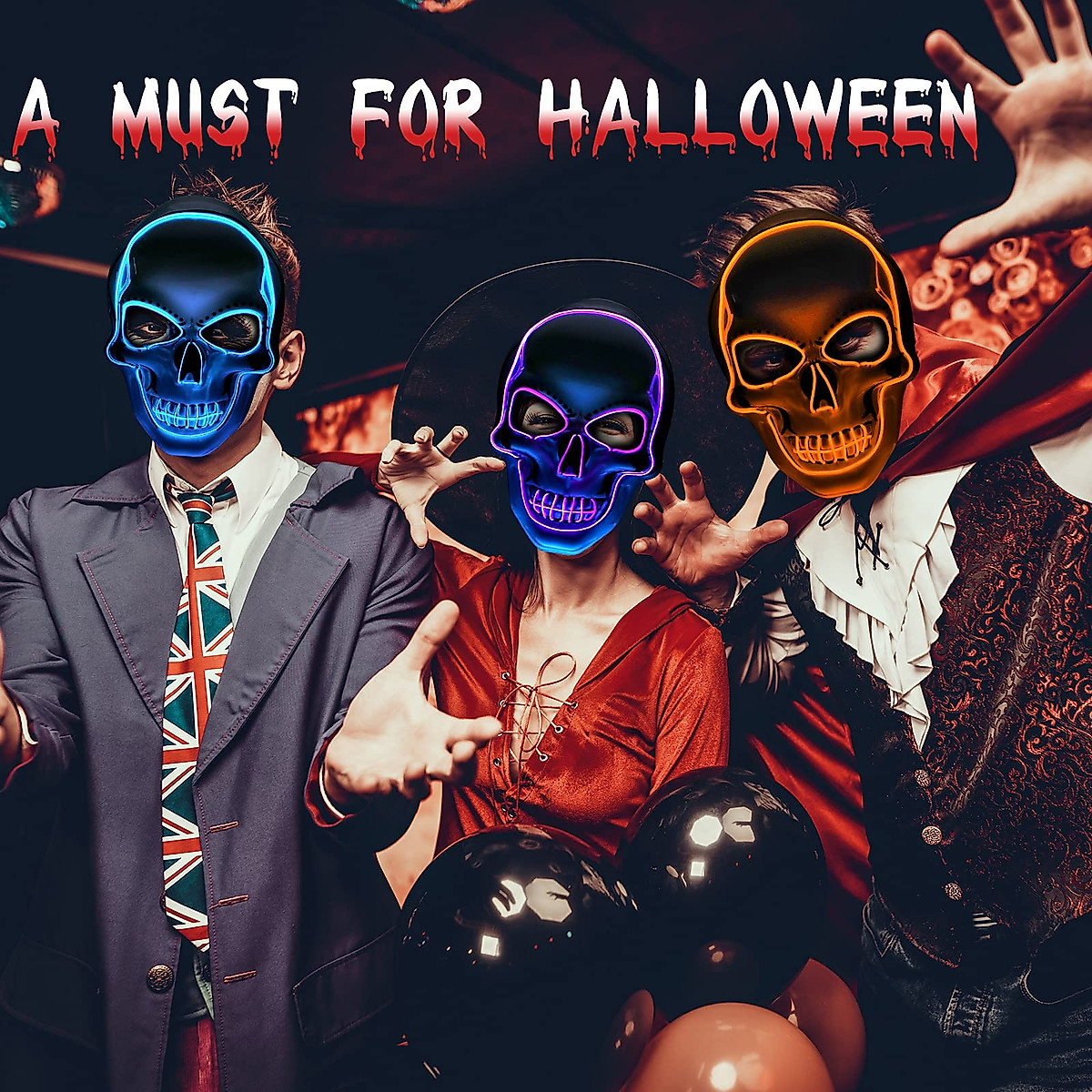 Lenwen 3 Pieces Halloween LED Mask Light up Scary Skull Face Cover Glowing Halloween Skull Cover for Cosplay Halloween Party Supplies Favor (Purple, Red, Orange), 9.6 x 6.7 inches