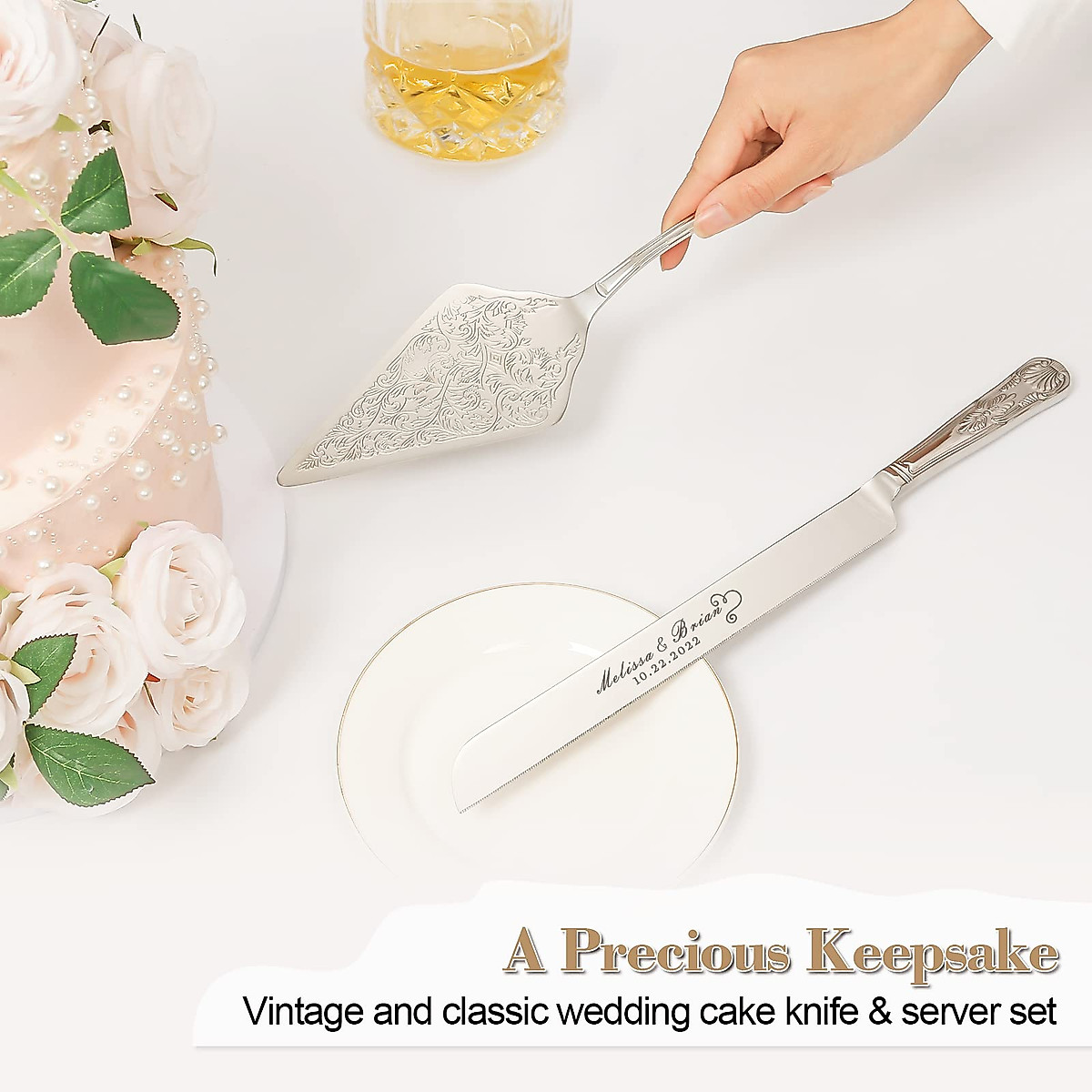 TUKDAK Silver Cake Knife and Server Set, Personalized Cake Cutting Set For Wedding, Cake Cutter Pie Pizza Server Set, Engraved Cake Serving Set for Anniversary Birthday Party Gift (Silver)
