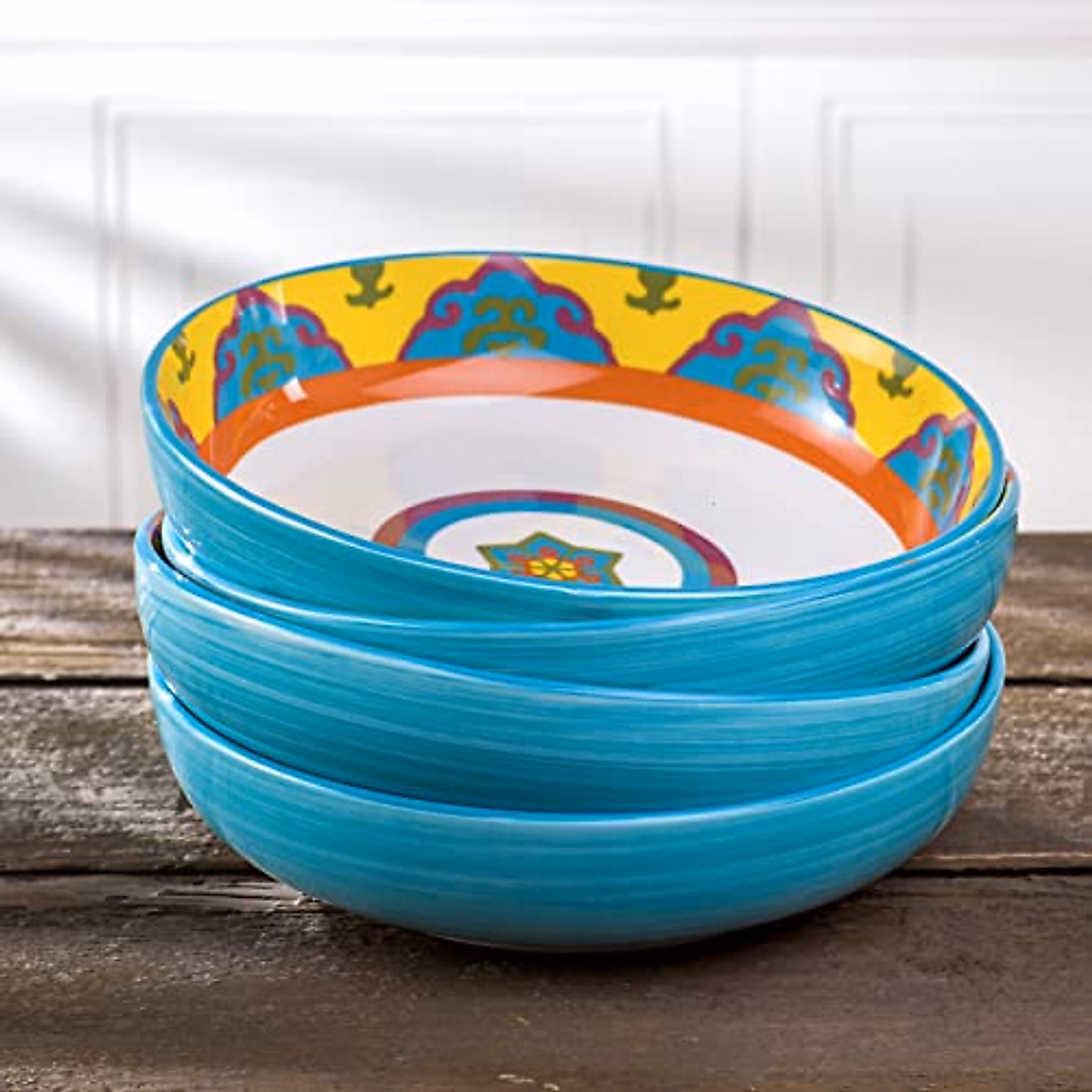 EuroCeramica Galicia Andalusian-Inspired Collection, Pasta Bowls Set of 4, Vibrant Assorted Patterns, Multicolor Design