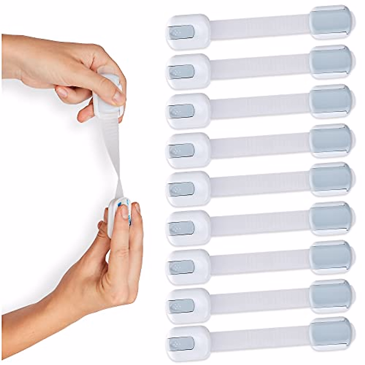 Child Safety Strap Locks (4-Pack) Baby Locks for Cabinets and Drawers, Toilet, Fridge & More. 3M Adhesive Pads. Easy Installation. (White/Gray)