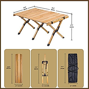 Pluatyep Travel Camping 4ft Folding Low Height Table Portable Wooden Outdoor Picnic Table Cake Roll Wooden Table with a Carry Bag for Picnic BBQ Camp Travel Patio Backyard Beach(Medium Table)