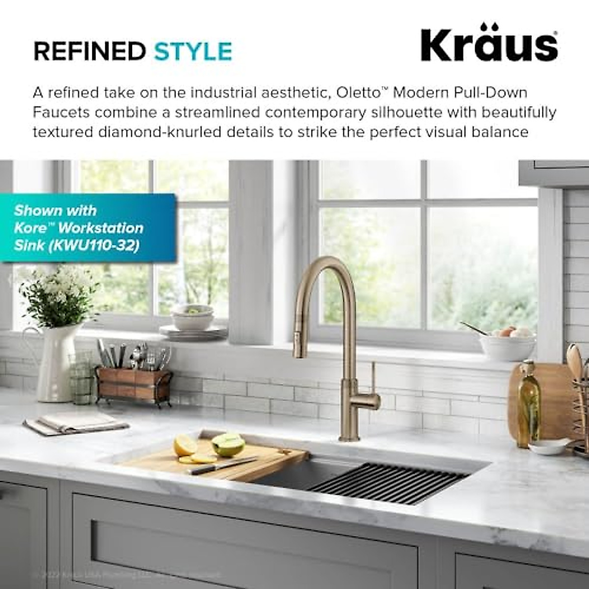 KRAUS Oletto Modern Industrial Pull-Down Single Handle Kitchen Faucet in Brushed Gold, KPF-2654BG