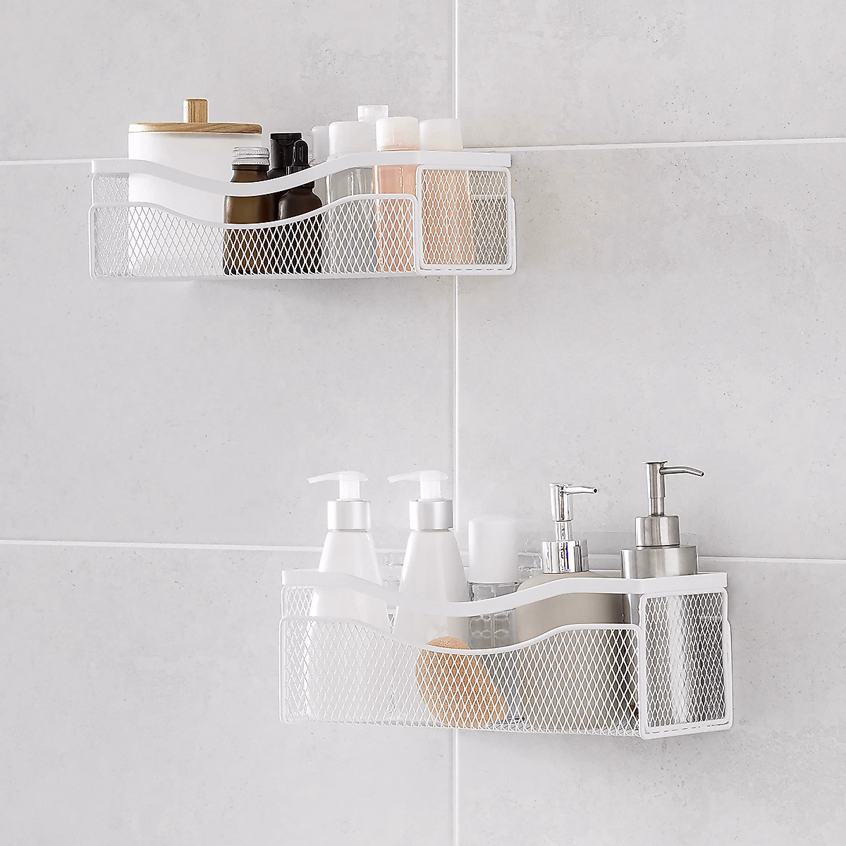 KINCMAX Mesh Shower Caddy (2-Pack), Rustproof Stainless Steel, Adhesive Wall Mount Baskets with Hooks, Mesh Design (Matta White)