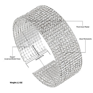 Ecesha Sparkly Silver Simple 10 Rows Rhinestone Crystal Cluster Wide Arm Cuff Bracelet Wedding Jewelry for Women Bridal Gift for Formal Prom Party