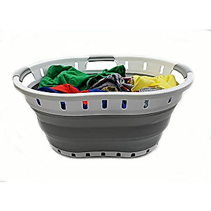 SAMMART 36L (9.5 Gallon) Collapsible 3 Handled Plastic Laundry Basket - Oval Basket - Foldable Storage Container/Organizer - Space Saving Laundry Hamper (White/Grey)
