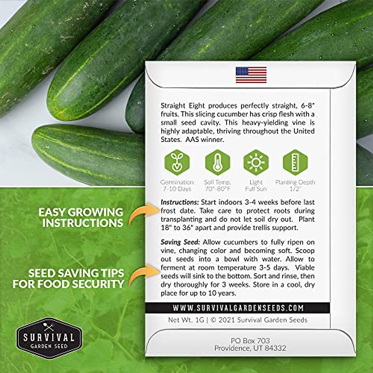 Survival Garden Seeds - Straight Eight Cucumber Seed for Planting - Packet with Instructions to Plant and Grow Pickling and Slicing Cucumbers in Your Home Vegetable Garden - Non-GMO Heirloom Variety