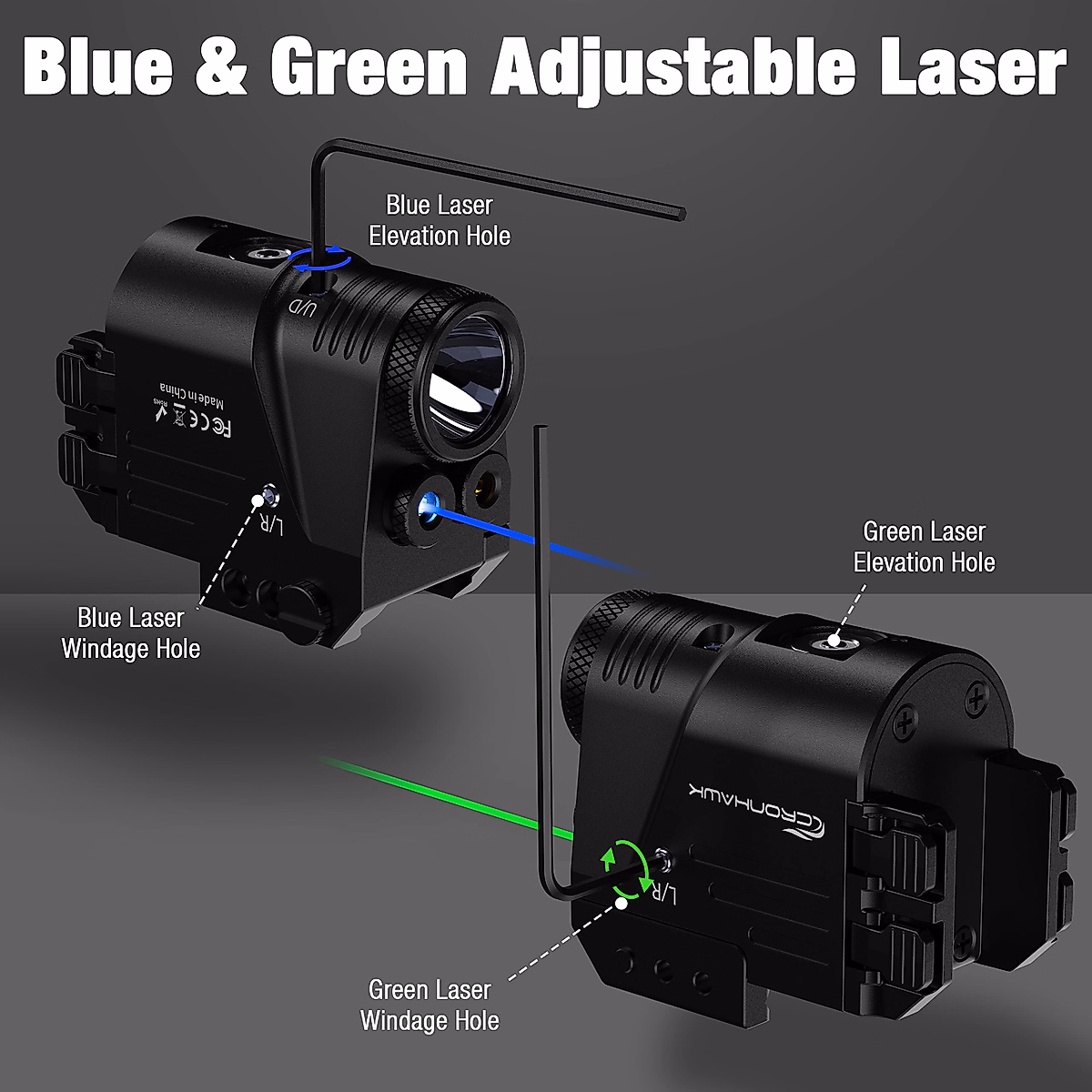 CRONHAWK 500 Lumen Blue Green Laser Light for Pistol, Rechargeable Rail Mounted Flashlight Laser Combo for Picatinny Rail, Magnetic Charging