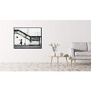 Wieco Art Framed Canvas Wall Art Canvas Prints of Banksy Grafitti Girl with Red Balloon Abstract Artwork for Wall Decor Home Decorations Black Frame