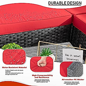 Walsunny 7pcs Patio Outdoor Furniture Sets,Low Back All-Weather Silver Gray Rattan Sectional Sofa with Tea Table&Washable Couch Cushions&Ottoman,Red