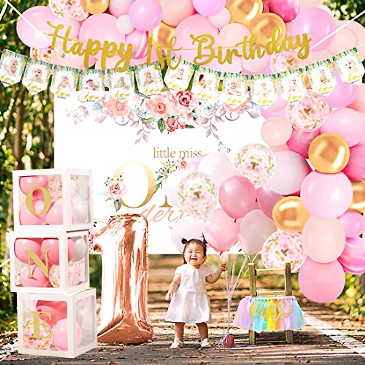 PYCALOW First Birthday Decorations Girl - 1st Birthday Girl Decorations Include Balloon Garland Arch, Box, Backdrop, Hat, Banner, High Chair Banner, Poster, Topper, Baby Girl 1st Birthday Decorations