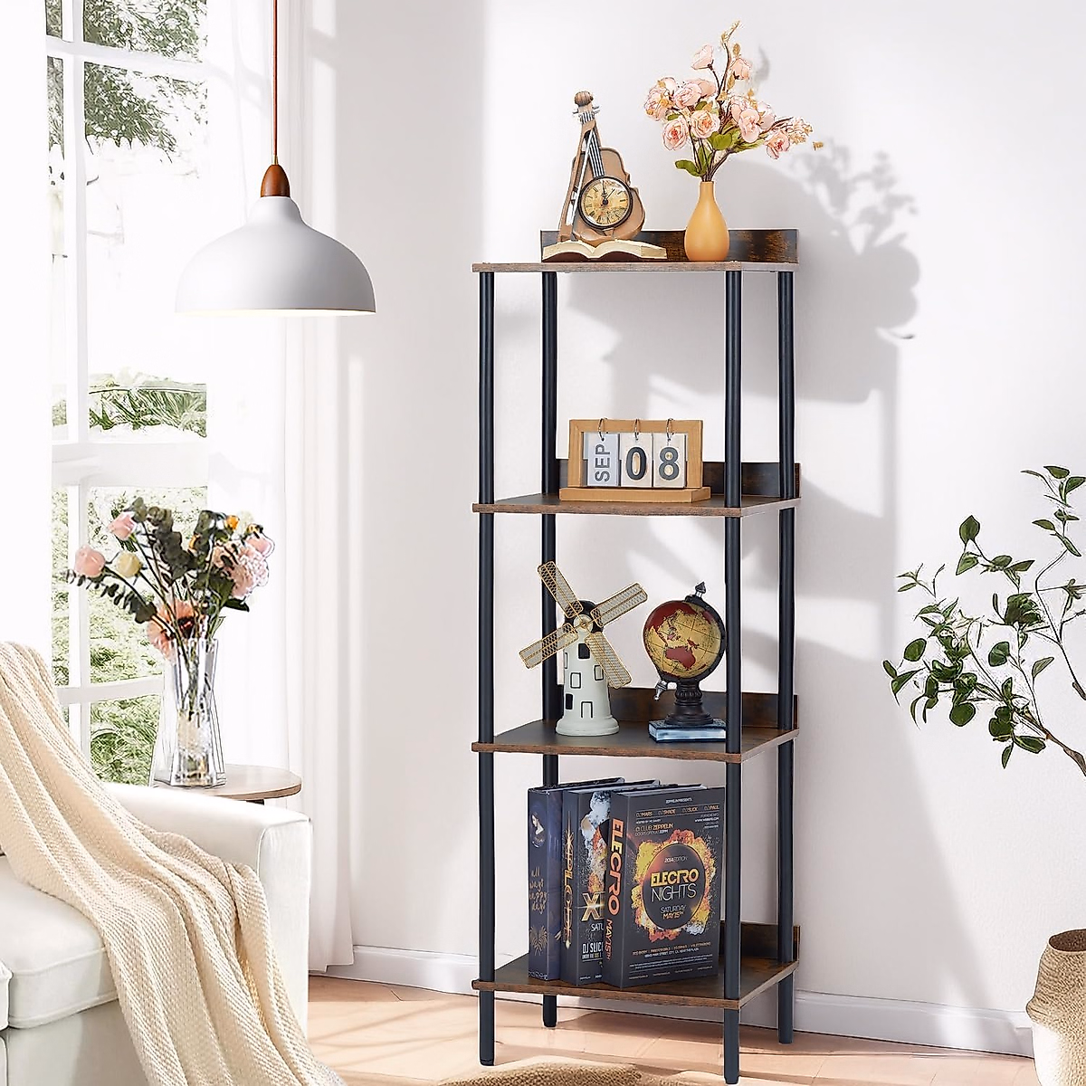 AKACIJA Bookshelf Small Book Shelf, 4 Tier Shelf Office Bookshelf Wood Narrow Bookcase Industrial Bookshelf Organizer Display Shelf Rack for Bedroom Living Room Home Office (Rustic Brown-15.7" L)