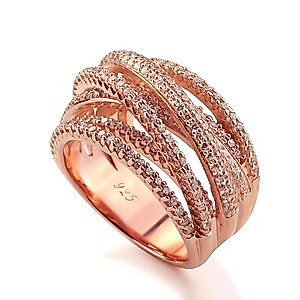 DoubleAccent 14K Gold or Rose Gold Plated Sterling Silver Ring Intertwined Design CZ Stone Pave Right Hand Ring 13.5mm, 5