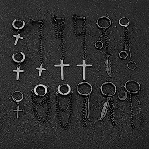 FIFATA 20 Pieces Men Earrings Set - Black Stainless Steel Chain Hoop Earrings Cross Moon and Star Dangle Earrings Piercing Jewelry for Men Women
