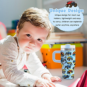 14 oz Monster Truck Tumbler with Handle and Straw for Kids, Insulated Stainless Steel Travel Mug for Toddlers Boys, Vacuum Leak Proof Reusable Tumbler, Birthday Gifts for Boys