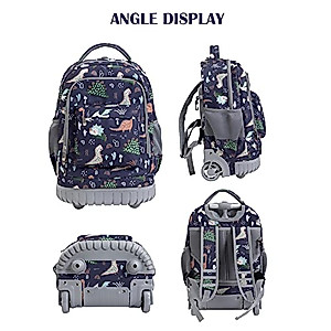 SKYMOVE 18 inches Wheeled Rolling Backpack for Boys and Girls Multi-Compartment School Students Books Laptop Trolley Bag Short Trip Carry-on, Dark Blue Dinosaur