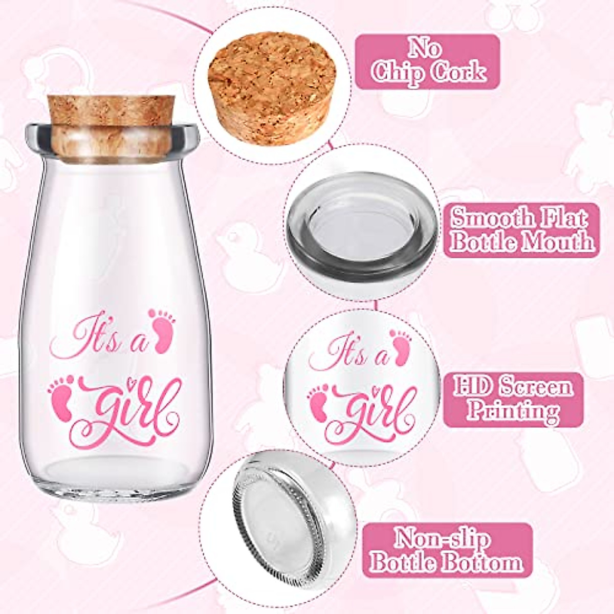 Sieral 48 Pcs 3.4 oz Small Glass Bottles Favor Jars with Cork Lids Baby Shower Decorative Milk Jar for Party Candy Decorations Souvenirs (It's a Girl)
